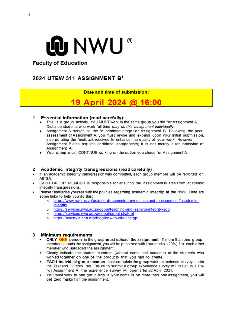 2024 UTEW 311 Assignment B Instructions | PDF | Lesson Plan | Pedagogy