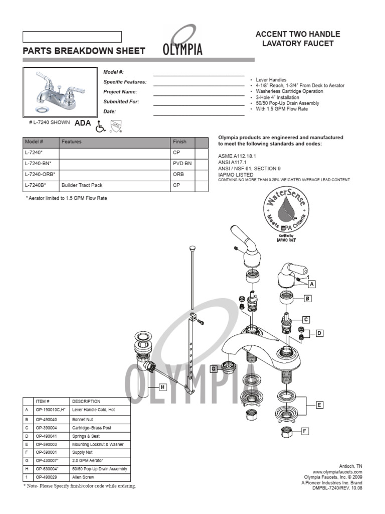 Lavatory Faucet Specs for Builders | PDF | Tap (Valve)