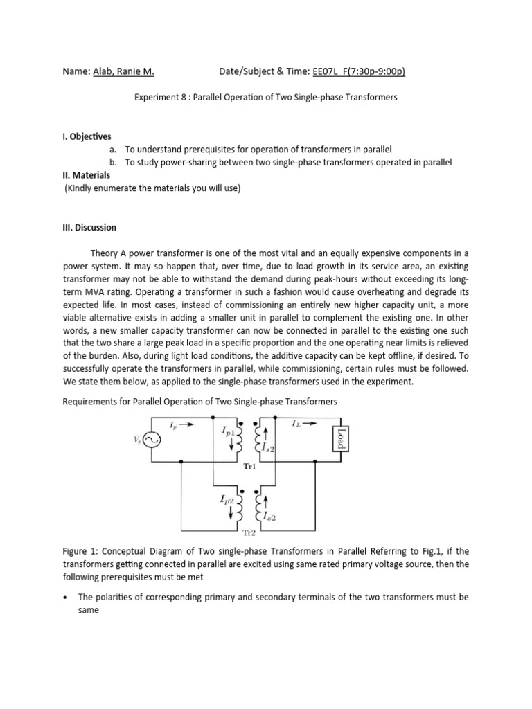 Experiment 8-Parallel Transformer Operation | PDF | Transformer ...