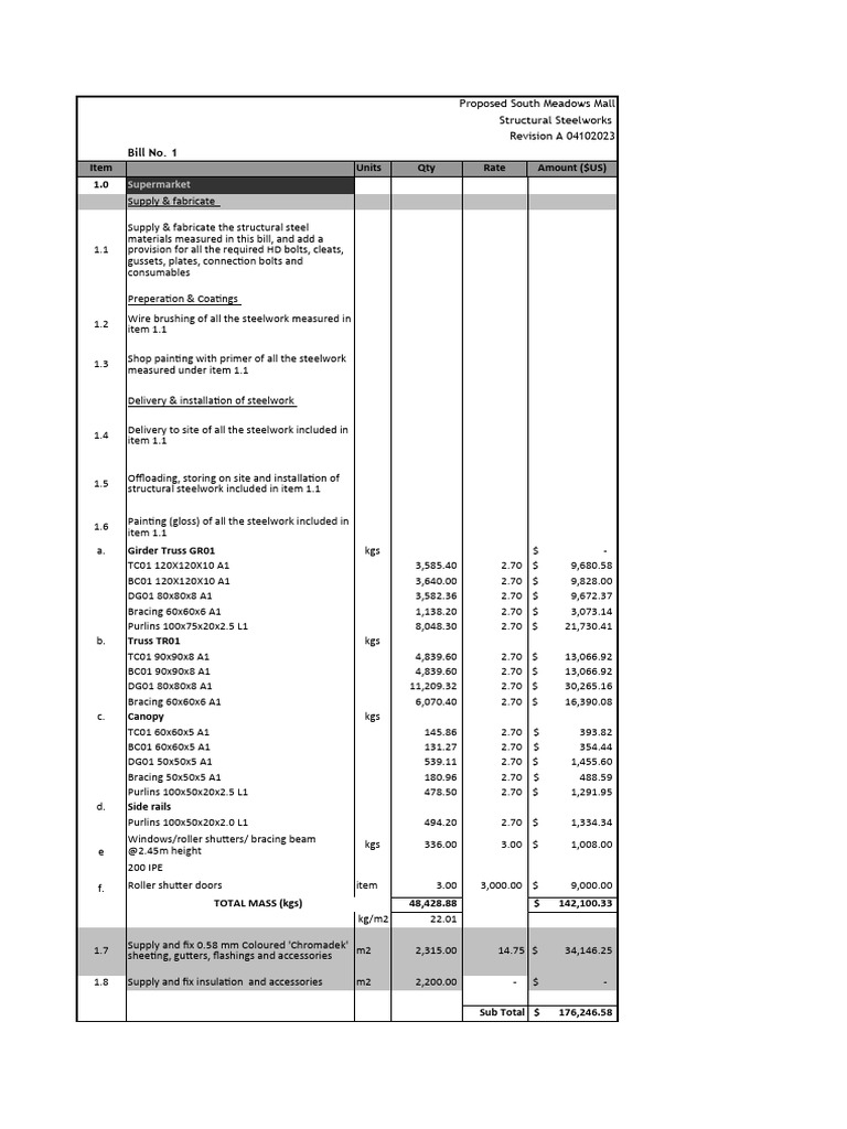 South Meadows Village Structural Steel Boq Rev a 04102023 | PDF ...