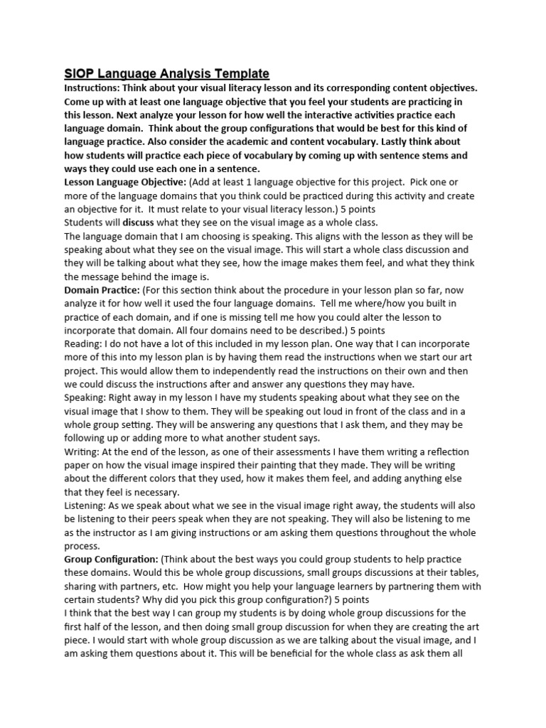 SIOP Visual Literacy Lesson Plan | PDF | Vocabulary | Lesson Plan