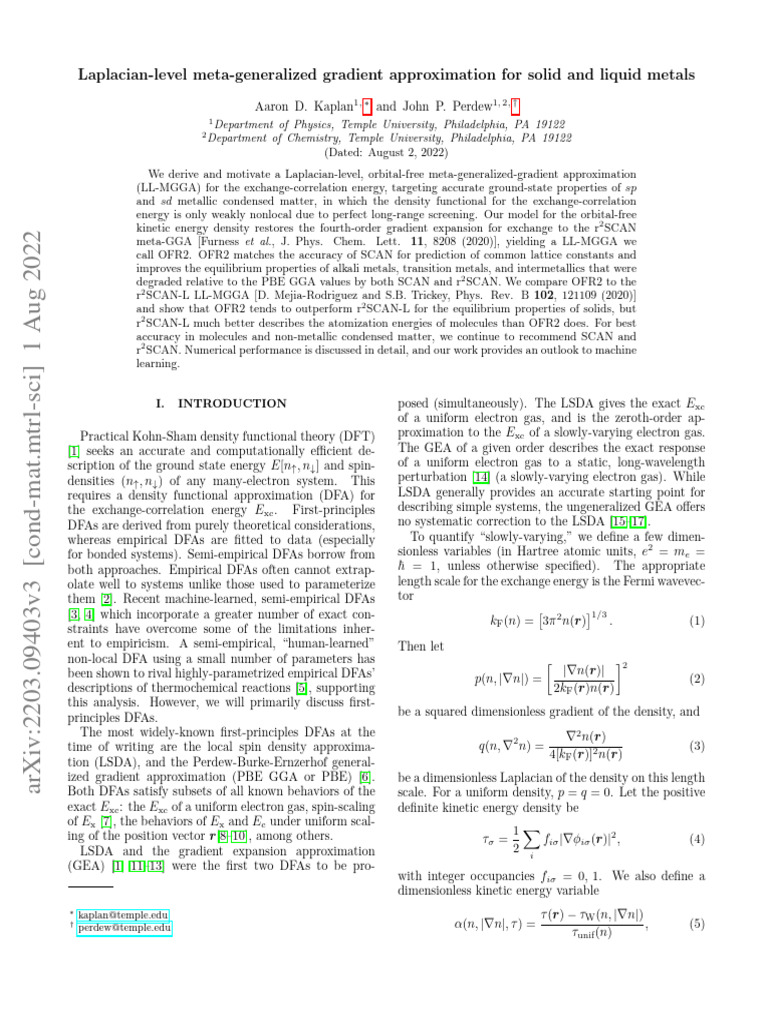 Laplacian-Level Meta-Generalized Gradient Approximation For Solid and Liquid Metals | PDF ...