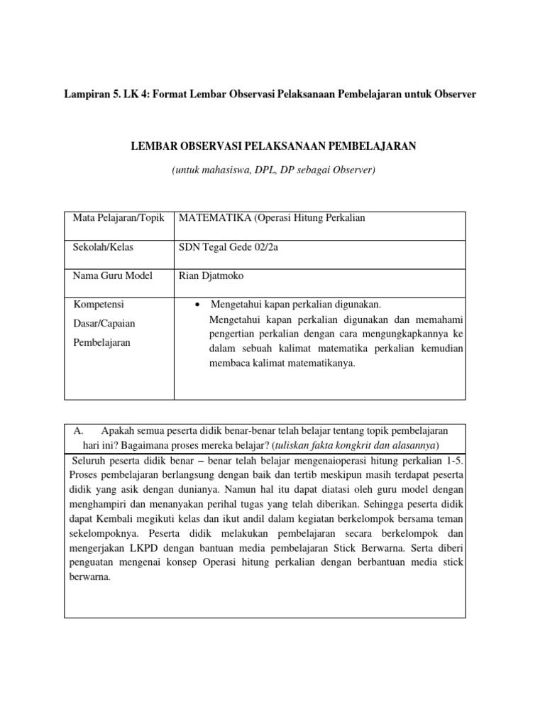 Rian Djatmoko Lampiran 5. LK 4 Format Lembar Observasi Pelaksanaan Pembelajaran Untuk Observer ...