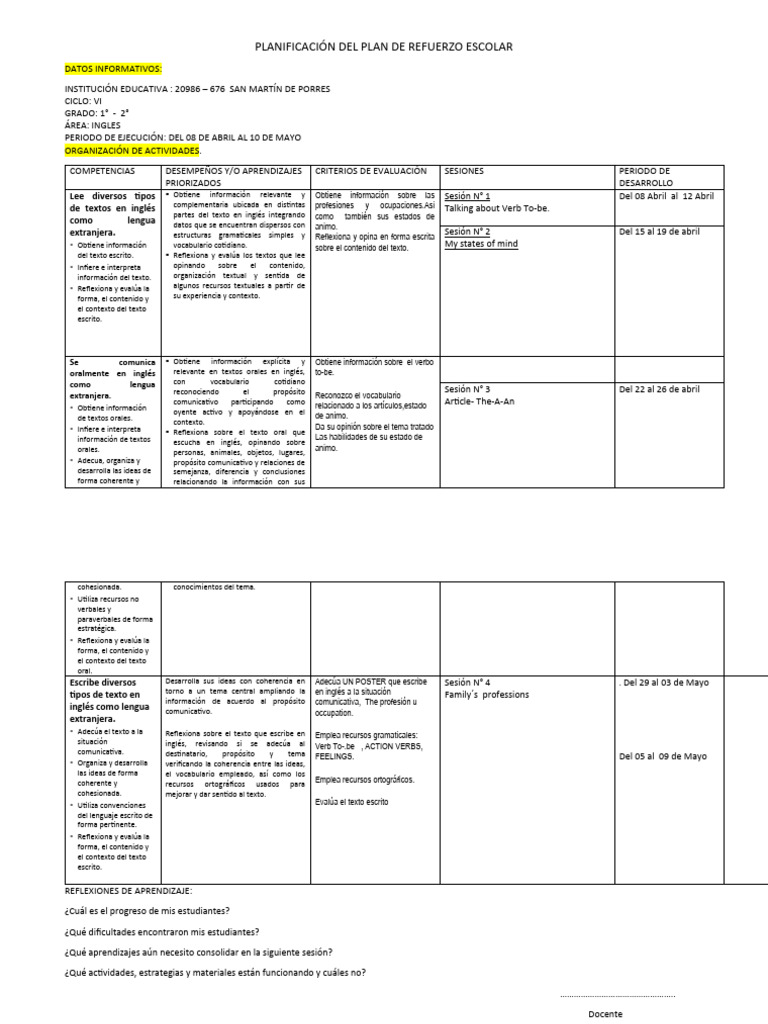 1-Planificación Del Plan de Refuerzo Escolar - 2024 | PDF | Aprendizaje | Idioma en Inglés