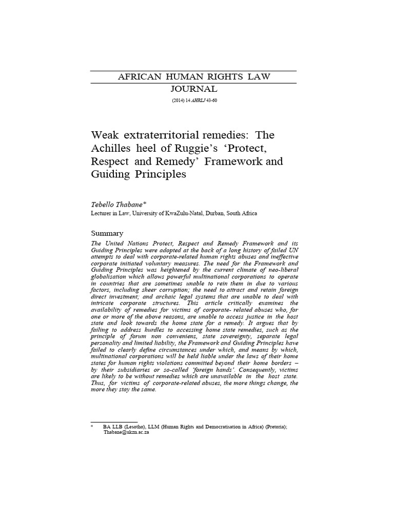 Thabane - Weak Extraterritorial Remedies - The Achilles Heel of Ruggie's Protect, Respect and ...