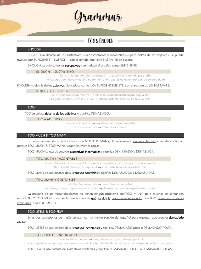 Uso de "Too" y "Enough" en inglés | PDF | Adjetivo | Sustantivo