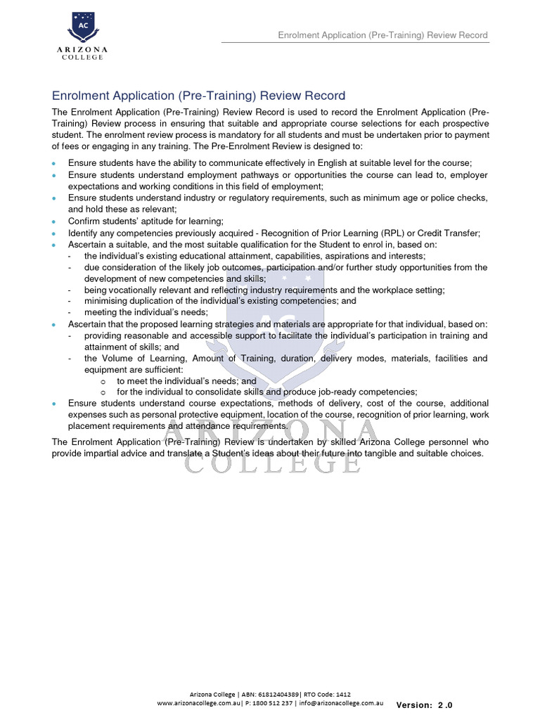 Enrolment Application (Pre-Training) Review Record V2.0 | PDF