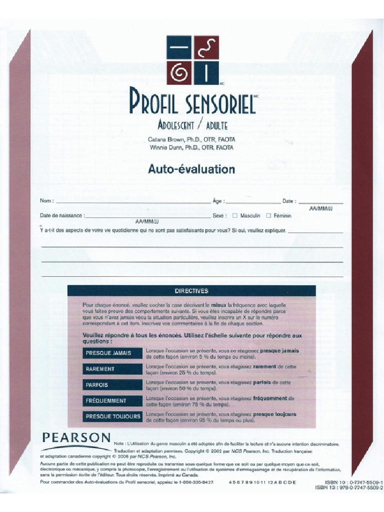 Profil sensoriel Adolescent Adulte VL | PDF