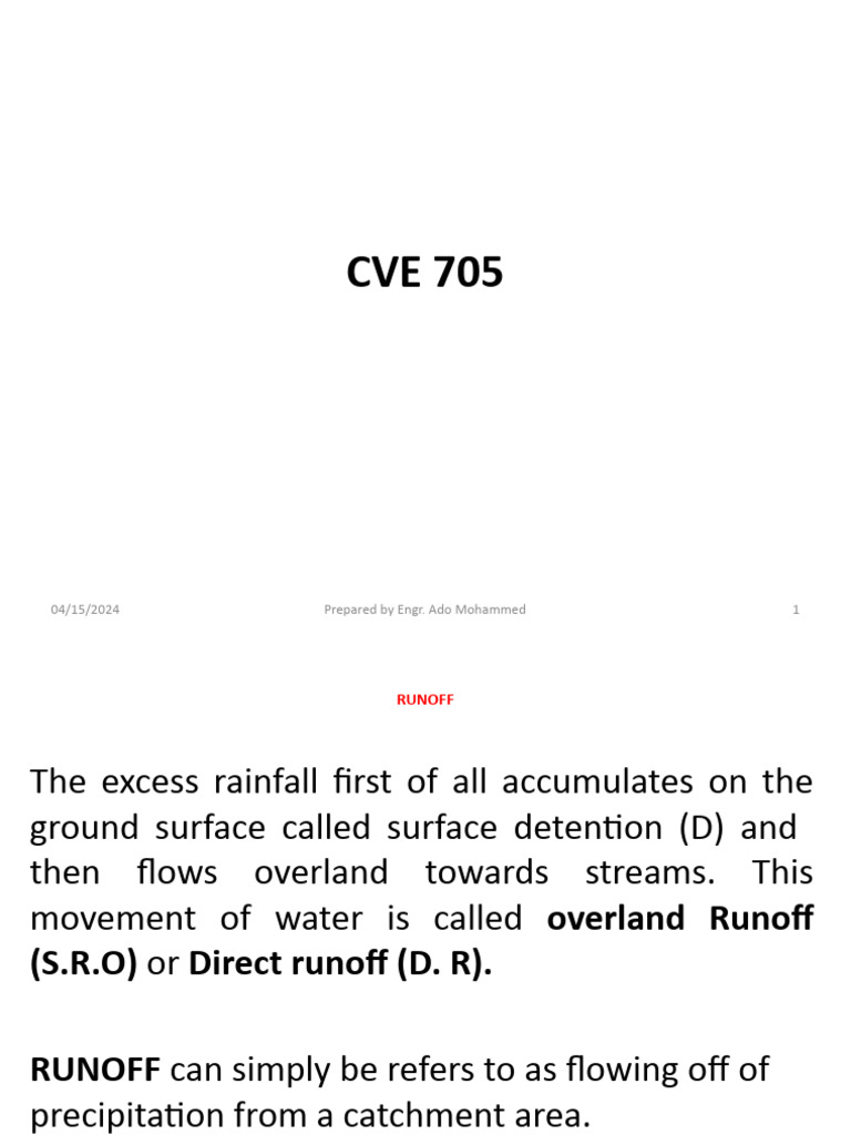 Hydraulics & Hydrology (CVE 705) - Module 4 | PDF | Surface Runoff | Discharge (Hydrology)