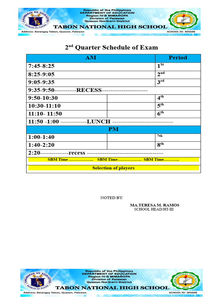 2nd Quarter Exam Schedule 2024 | PDF