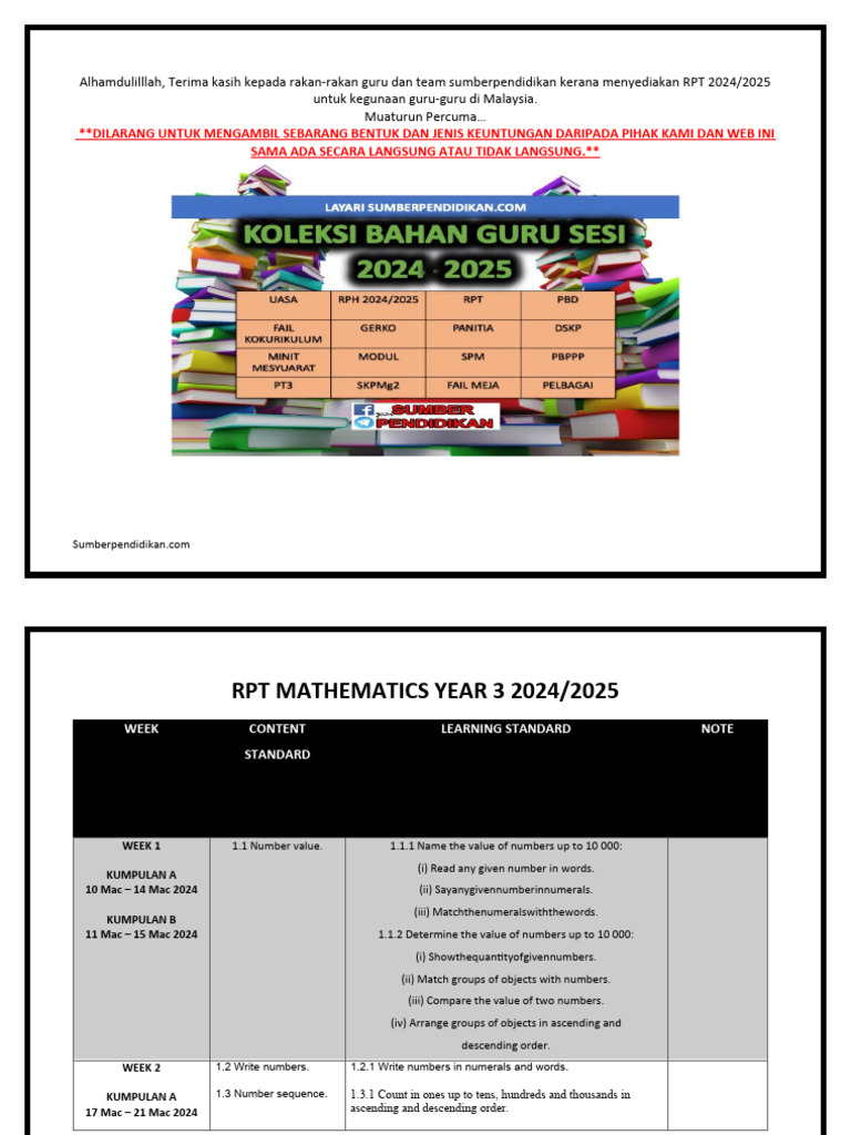 RPT 2024 DLP Mathematics Year 3 KSSR Semakan | PDF | Percentage ...