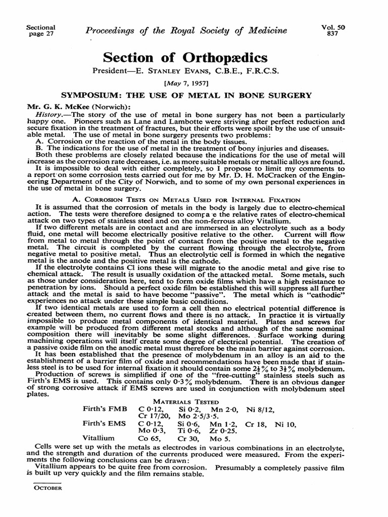 1957 Use of Metal in Bone Surgery Procrsmed | PDF | Stainless Steel ...