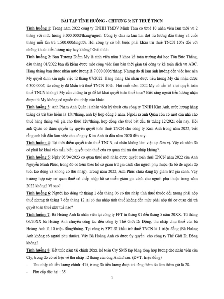 BAI TAP KE TOAN THUE CHUONG 3 Tinh Huong | PDF