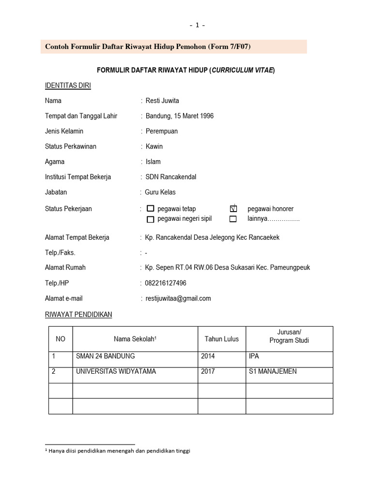 Formulir_Daftar_Riwayat_Hidup_Pemohon_ | PDF