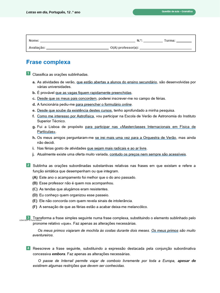 Ldia12 Questao Aula Gramatica Frase Complexa | PDF | Linguística | Idiomas
