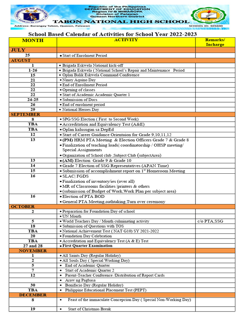 Calendar of Activities SY 2023-2024 edited | PDF | Observances