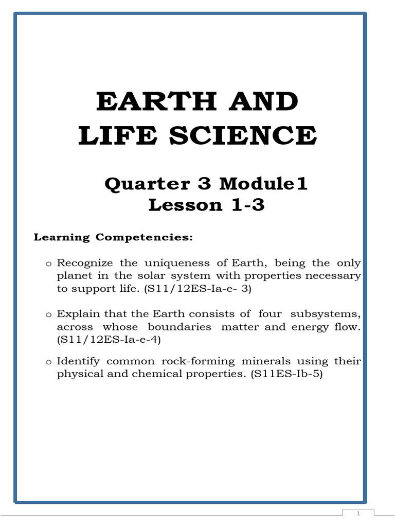EARTH AND LIFE SCIENCE Module 1 Lesson 1-3 | PDF | Minerals | Planetary Habitability