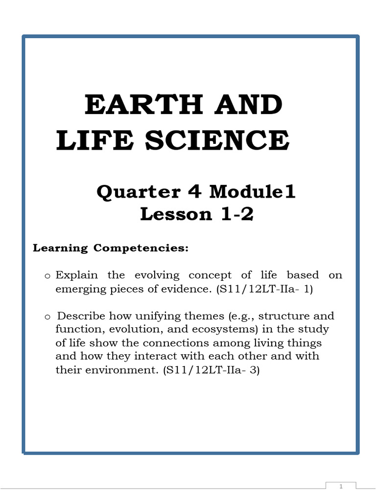 EARTH AND LIFE SCIENCE 4th Quarter Module 1 Lesson 1-2 | PDF | Life ...