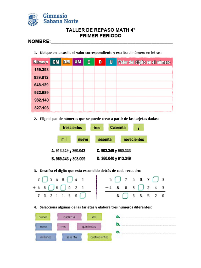 Taller de Repaso Math 4 | PDF