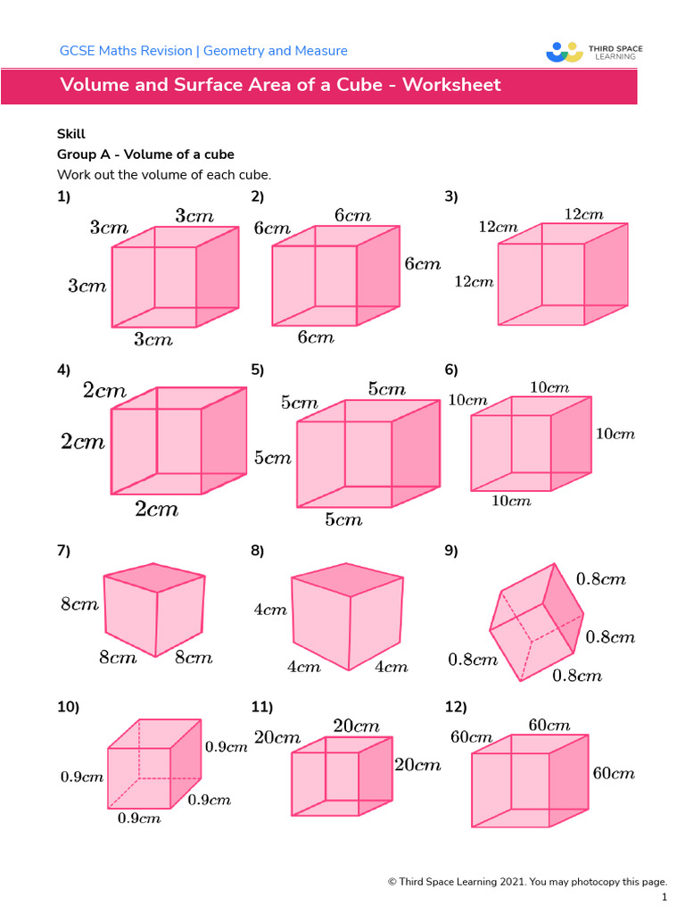 Cube Volume and Surface Area Worksheet | PDF | Volume | Area