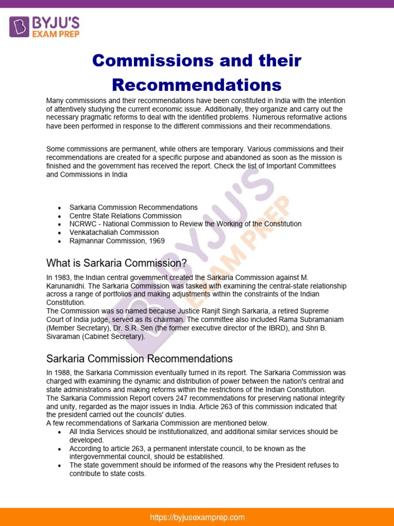 Commissions and Their Recommendations Upsc Notes 58 | PDF | Government ...