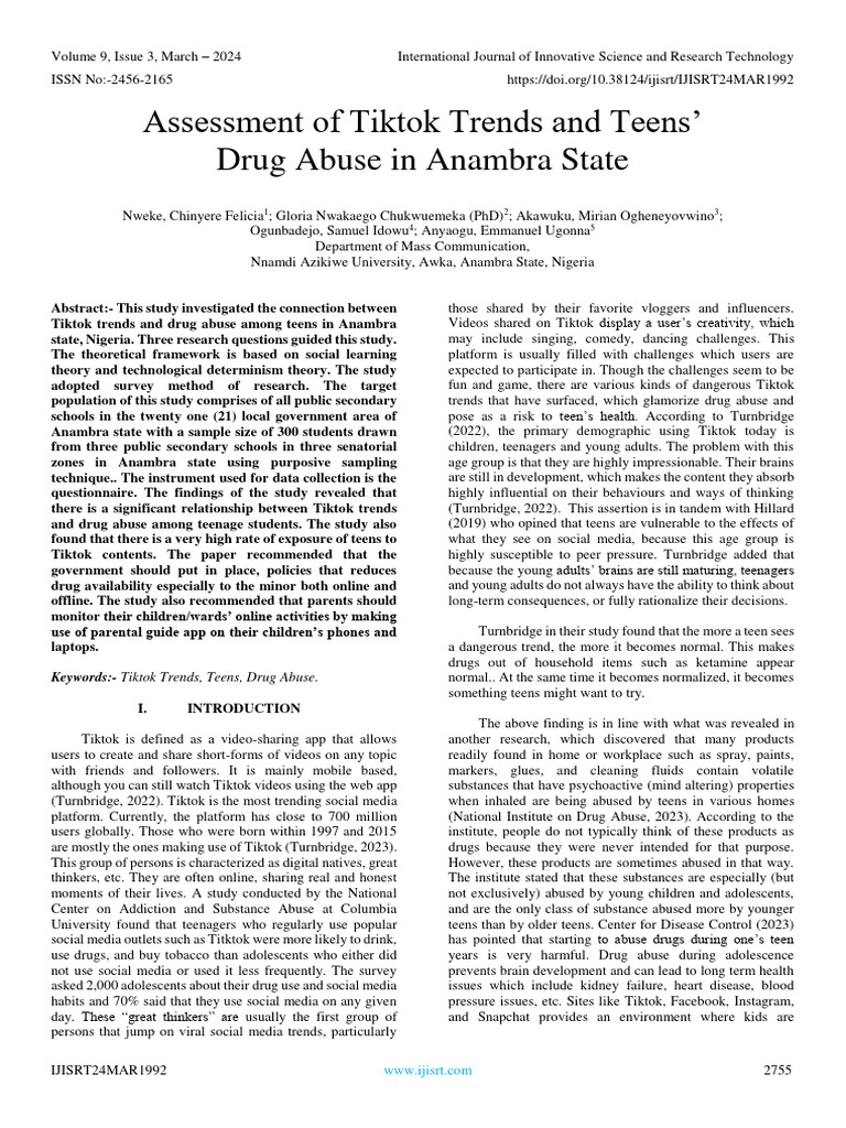 Assessment of Tiktok Trends and Teens’ Drug Abuse in Anambra State ...