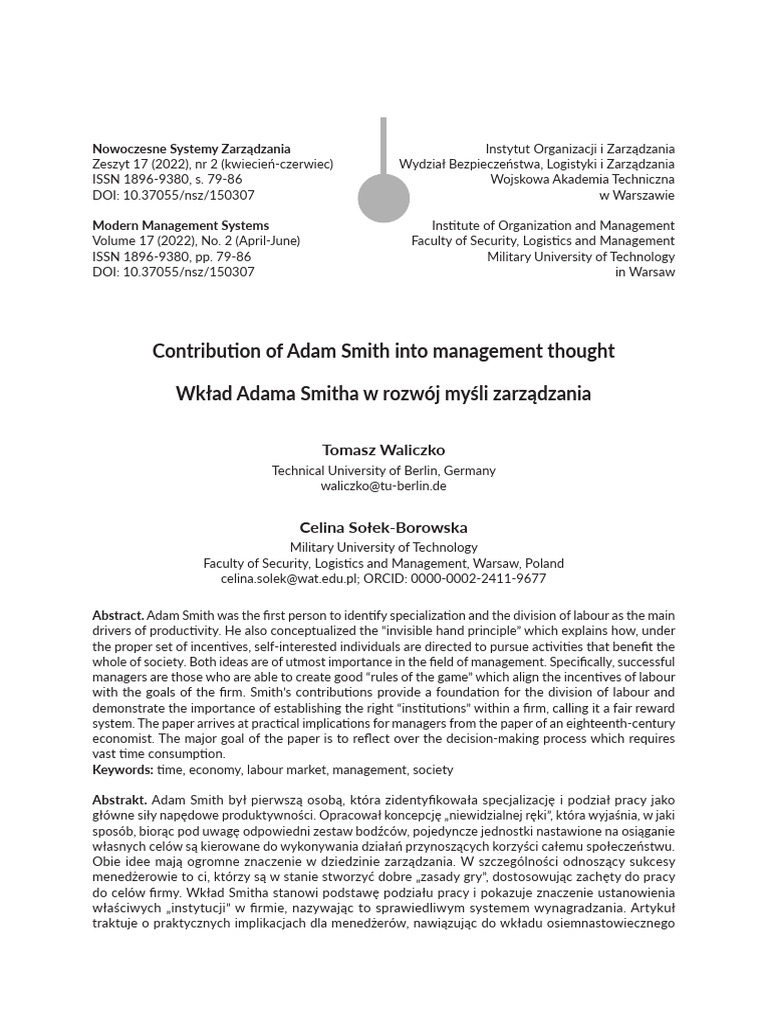Contribution of Adam Smith Into Management Thought | PDF