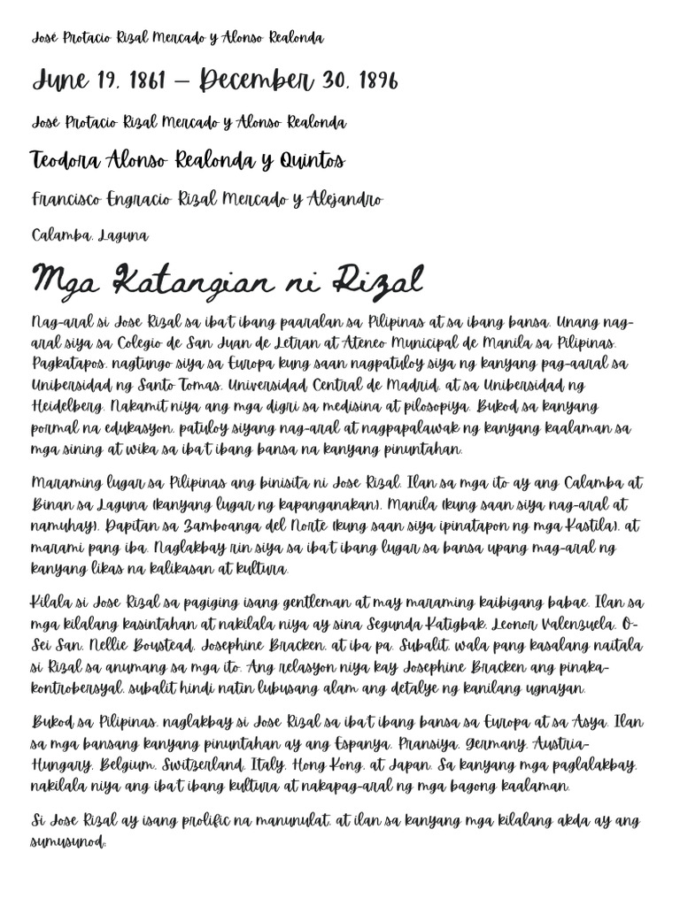 José Protacio Rizal Mercado y Alonso Realonda | PDF