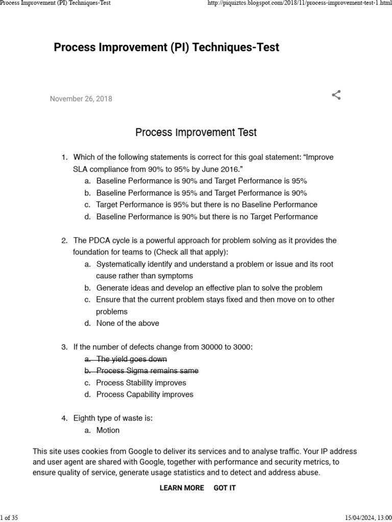 Process Improvement (PI) Techniques-Test | PDF | Six Sigma | Http Cookie