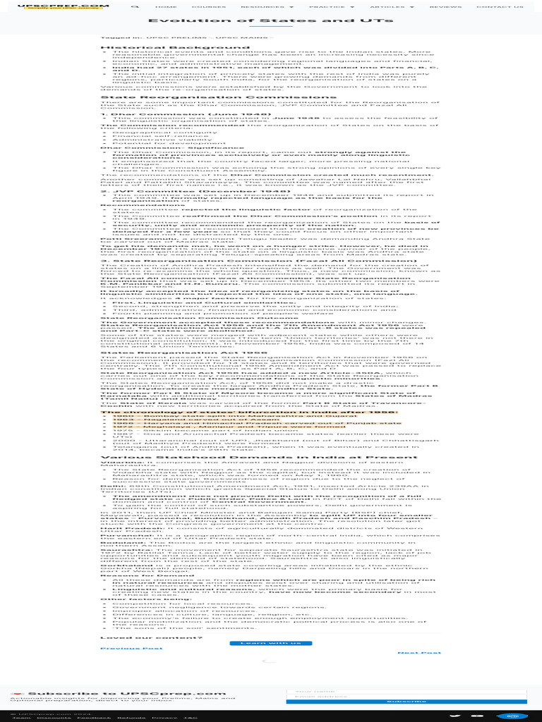 Evolution of States and UTs | PDF | Government | Government Of India