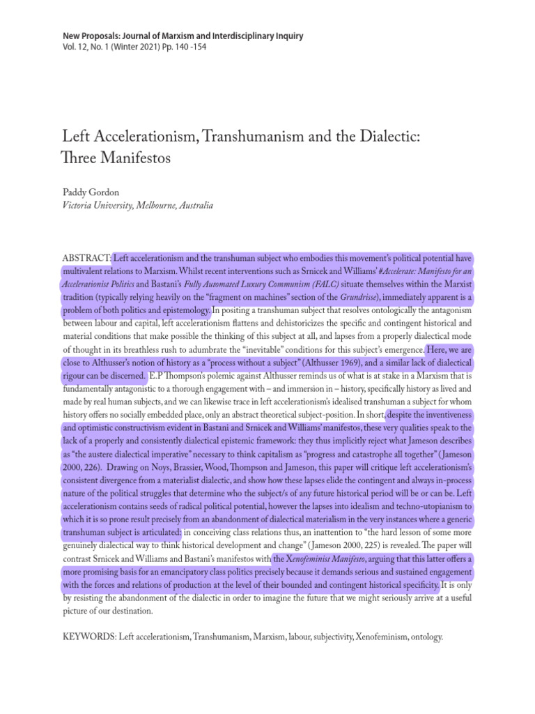Gordon - Left Accelerationism, Transhumanism and The Dialectic (Crítica ...