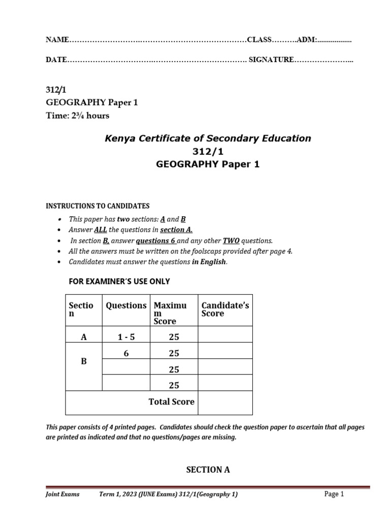 F4 GEO PP1 Teacher - Co - Ke | PDF | Map | Mountains