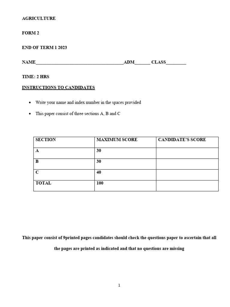 Form 2 Agriculture Exam - Term 1 2023 | PDF | Soil | Agriculture