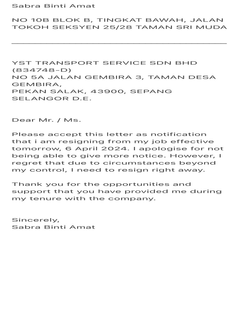 Resignation Letter (24 Hours) | PDF