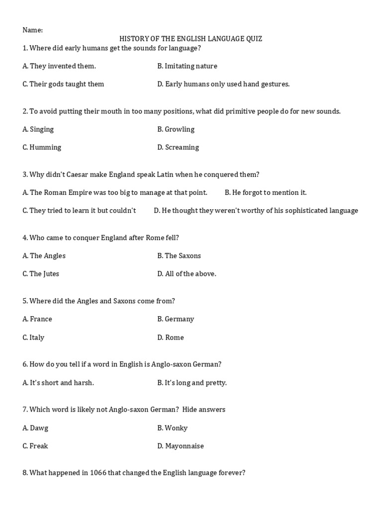 History of The English Language Quiz 1tjg3ho 2j9j56e | PDF | English ...