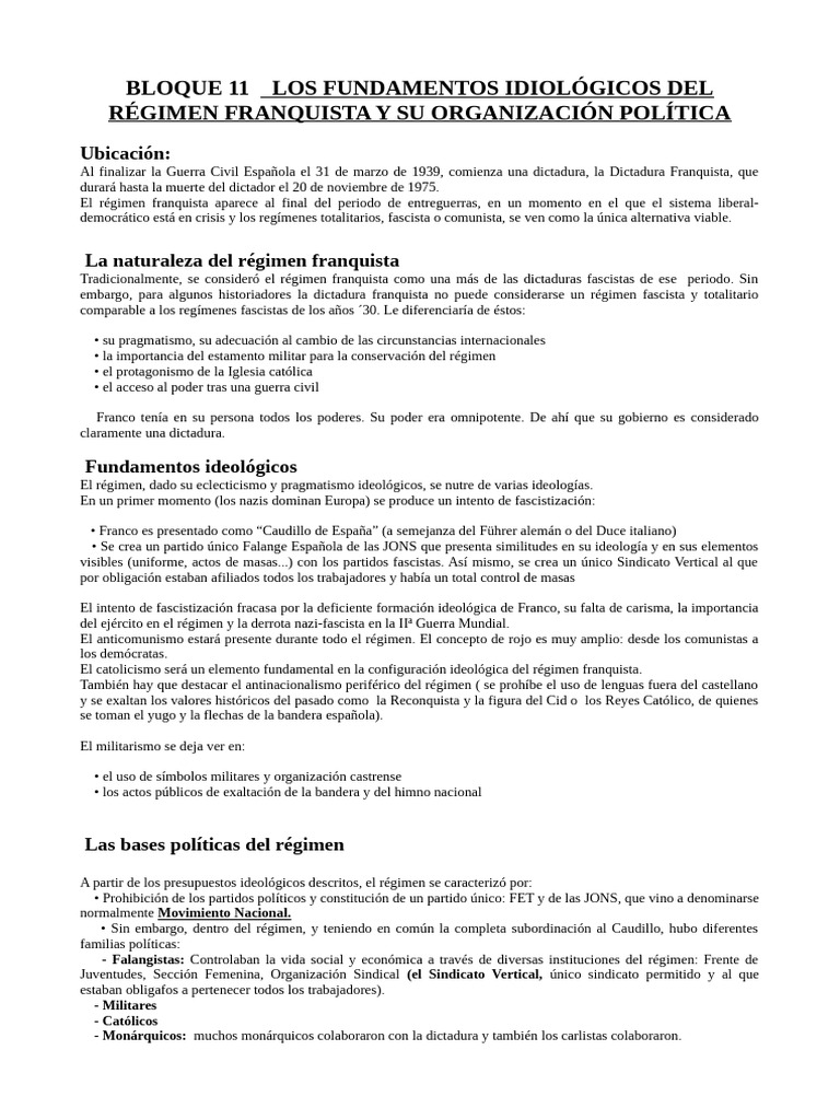 Bloque 11 Los Fundamentos Idiológicos Del Régimen Franquista y Su Organización Política | PDF ...
