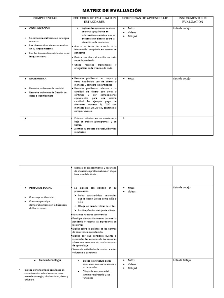 Matriz de Evaluación | Descargar gratis PDF | Evaluación | Aprendizaje