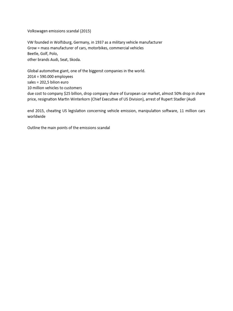 Volkswagen Emissions Scandal Overview | PDF