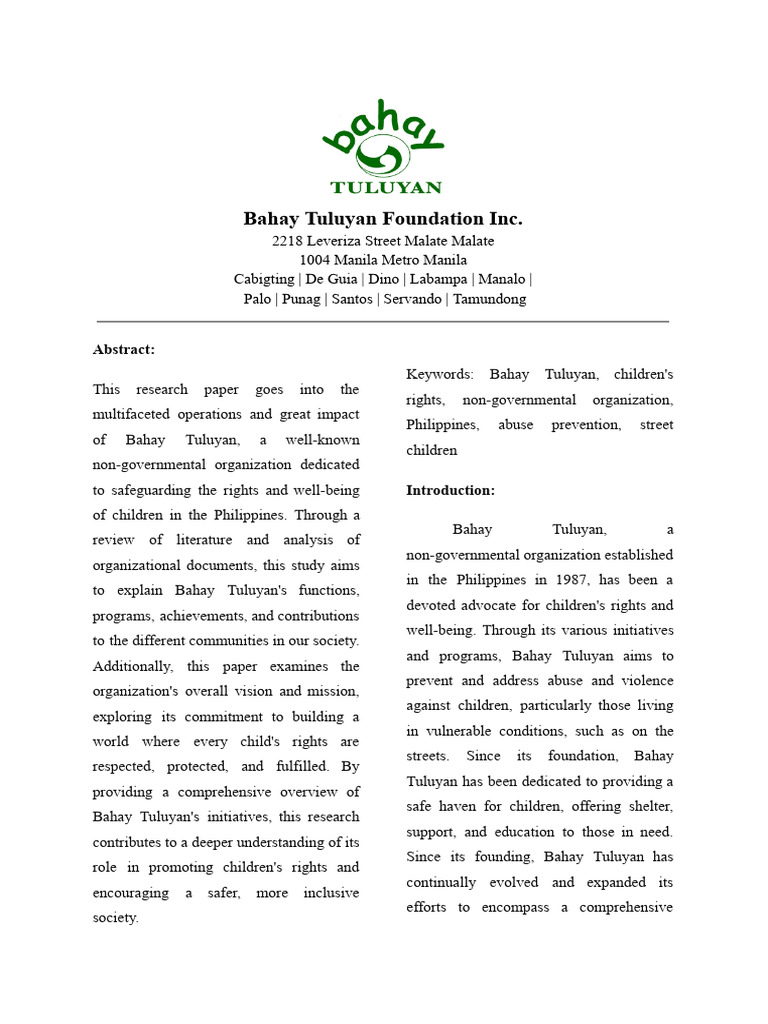 Bahay Tuluyan Foundation Overview | PDF | Children's Rights | Empowerment