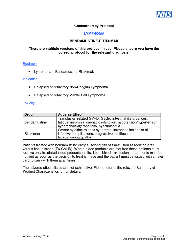 Bendamustine-Rituximab Protocol for Lymphoma | PDF | Lymphoma ...