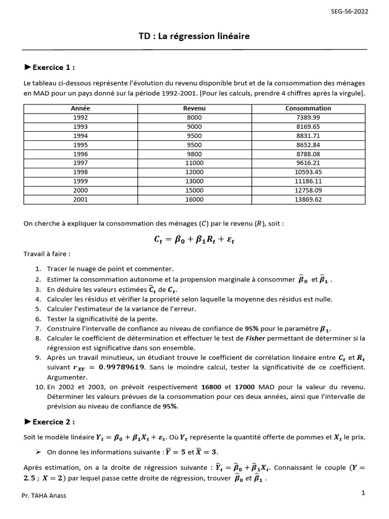 TD - Régression Linéaire | PDF | Régression linéaire | Statistique ...