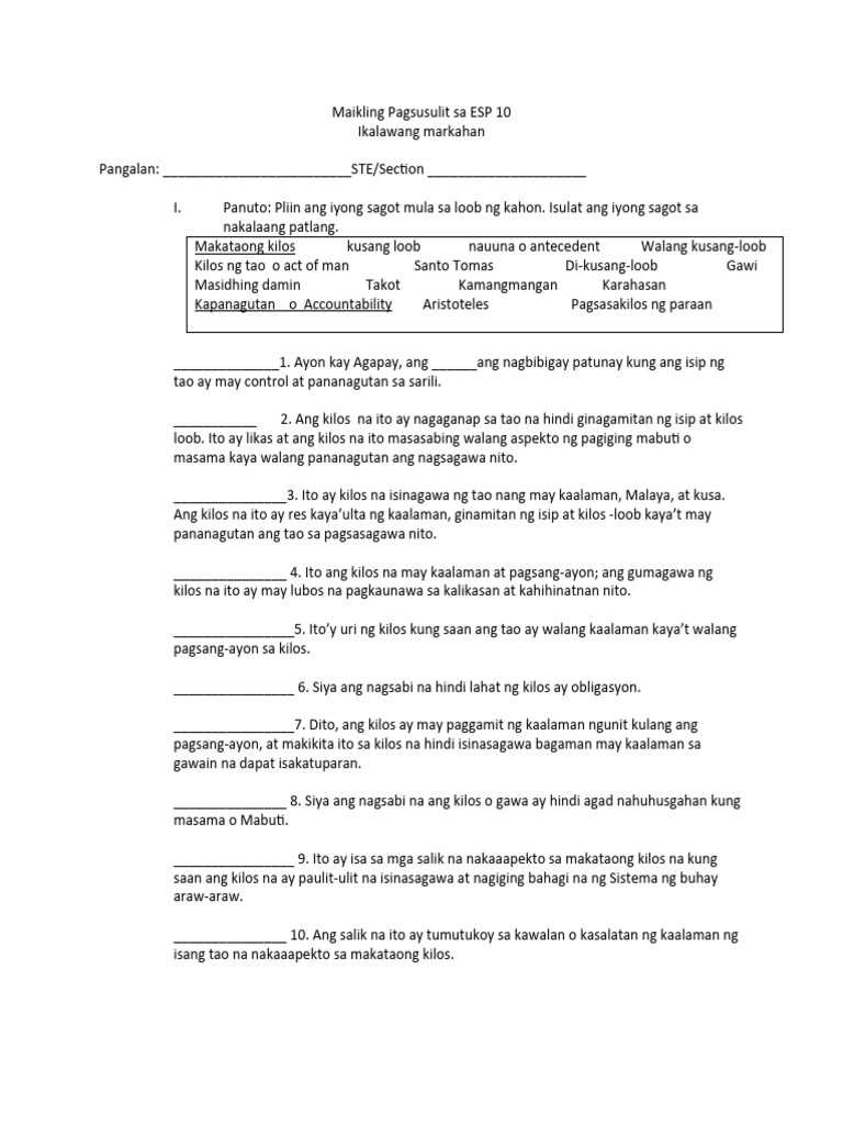 Maikling Pagsusulit Sa ESP 10 | PDF