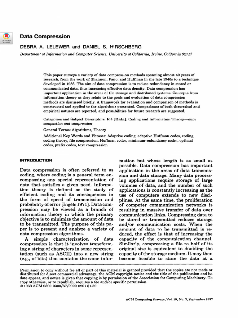 Data Compression: Debra A. Lelewer and Daniel S. Hirschberg | PDF | Code | Data Compression