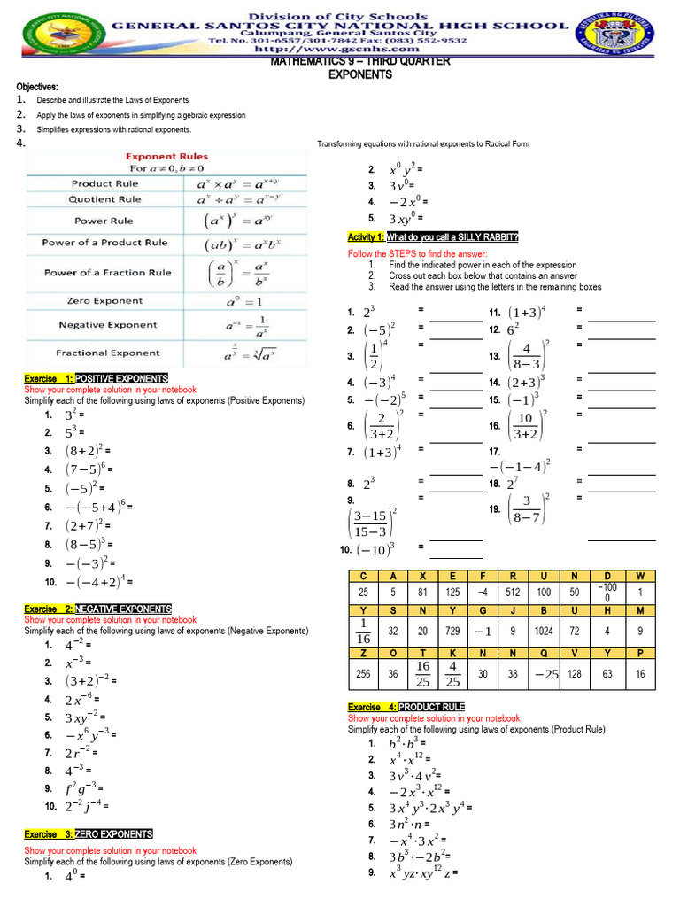 EXPONENTS-HAND-OUTS | PDF | Exponentiation | Square Root