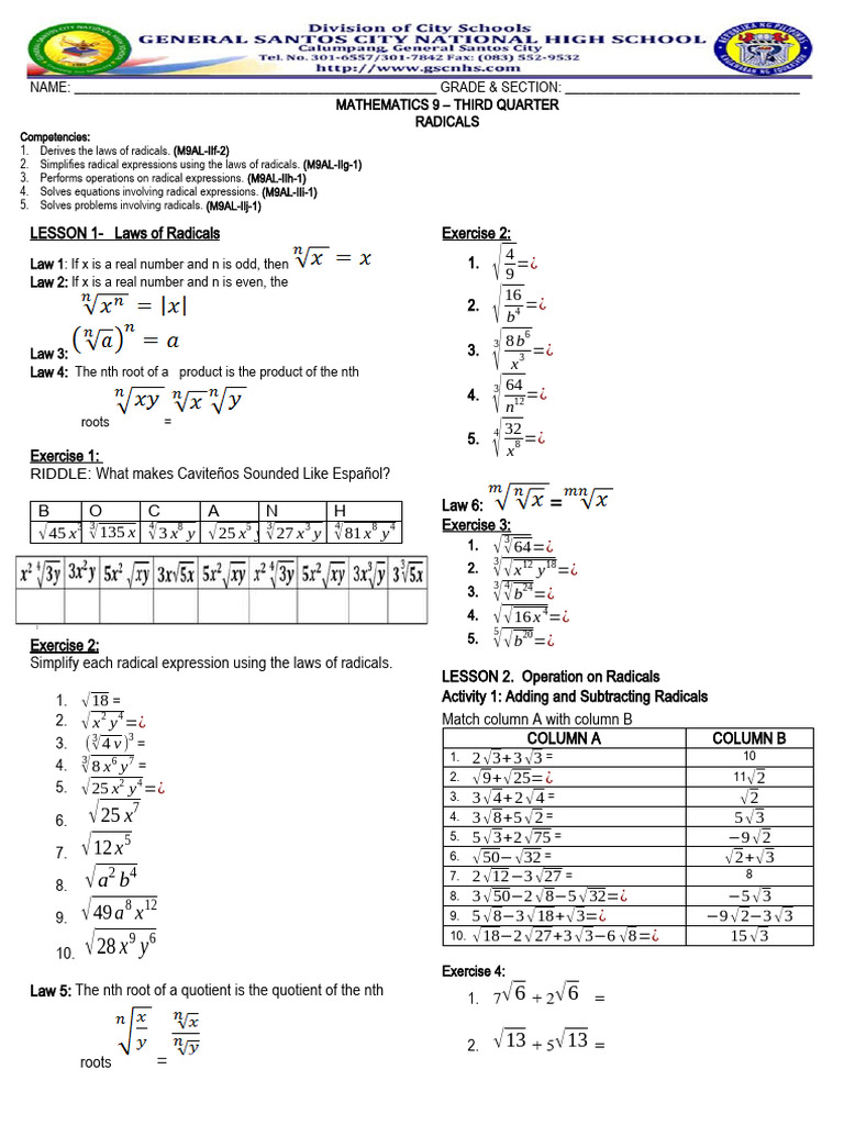 Radical Handouts | Download Free PDF | Square Root | Arithmetic