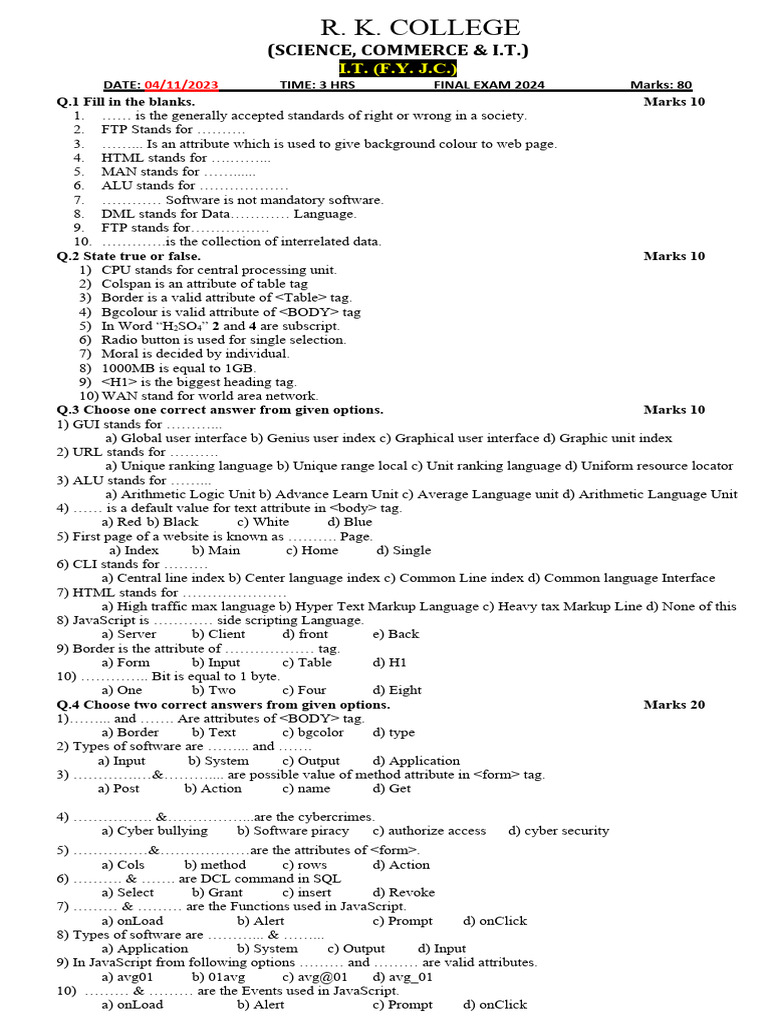 IT Final Exam Paper 2024 | PDF | Html | Java Script