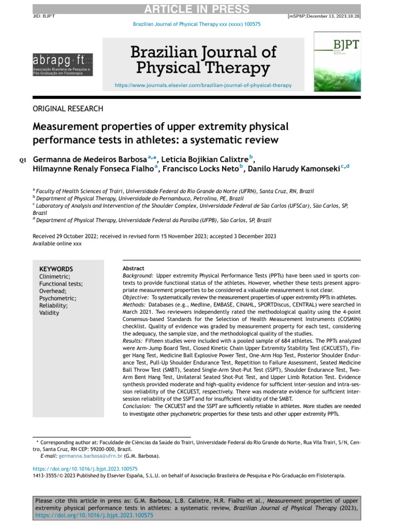 Cópia de Measurement properties of upper extremity physical performance ...