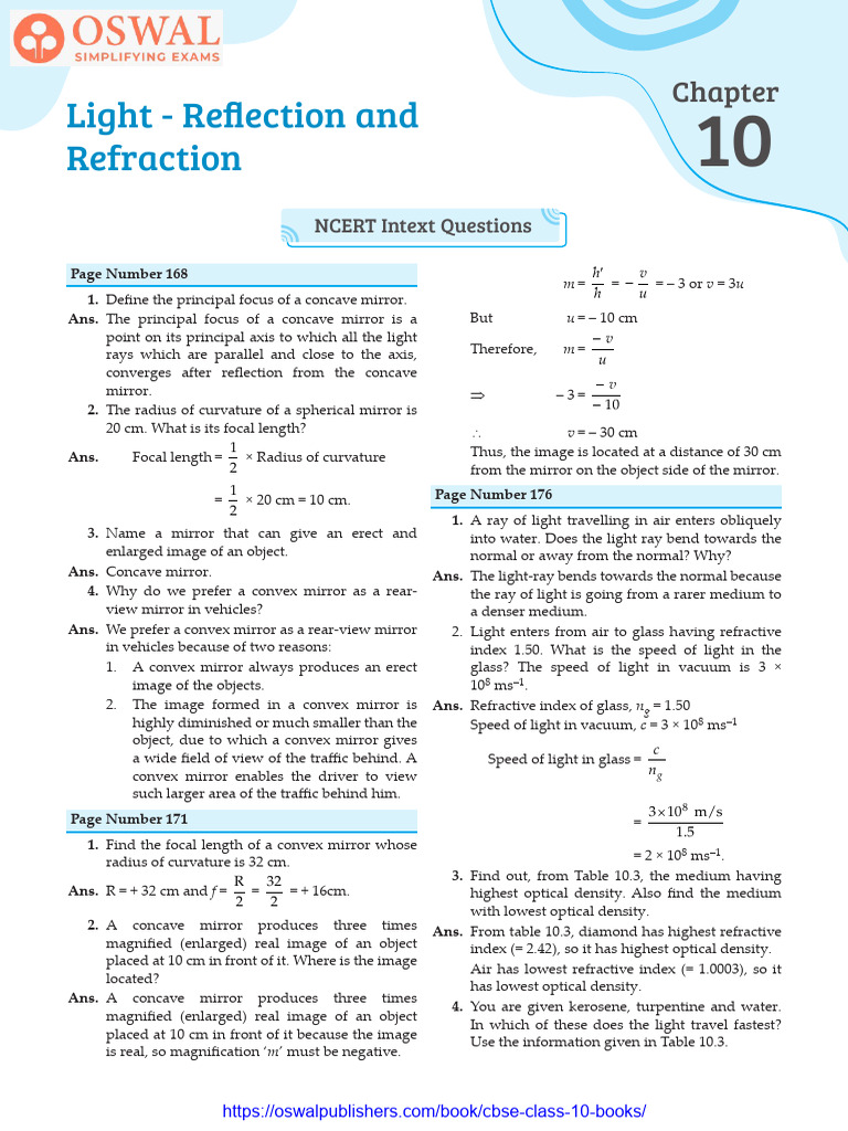 NCERT Solutions for Class 10 Physics Chapter 10 Light Reflection and Refraction | PDF | Mirror ...