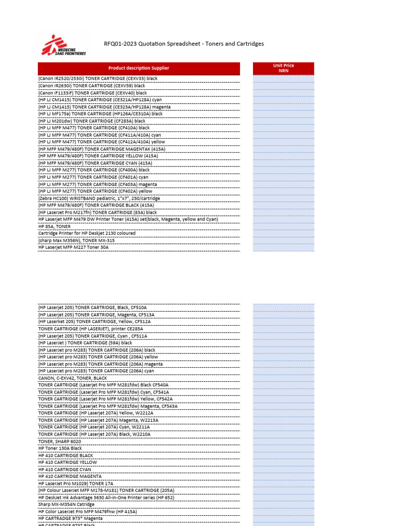 RFQ01-2023 Quotation Spreadsheet - Toners and Cartridges MSF - Updated ...