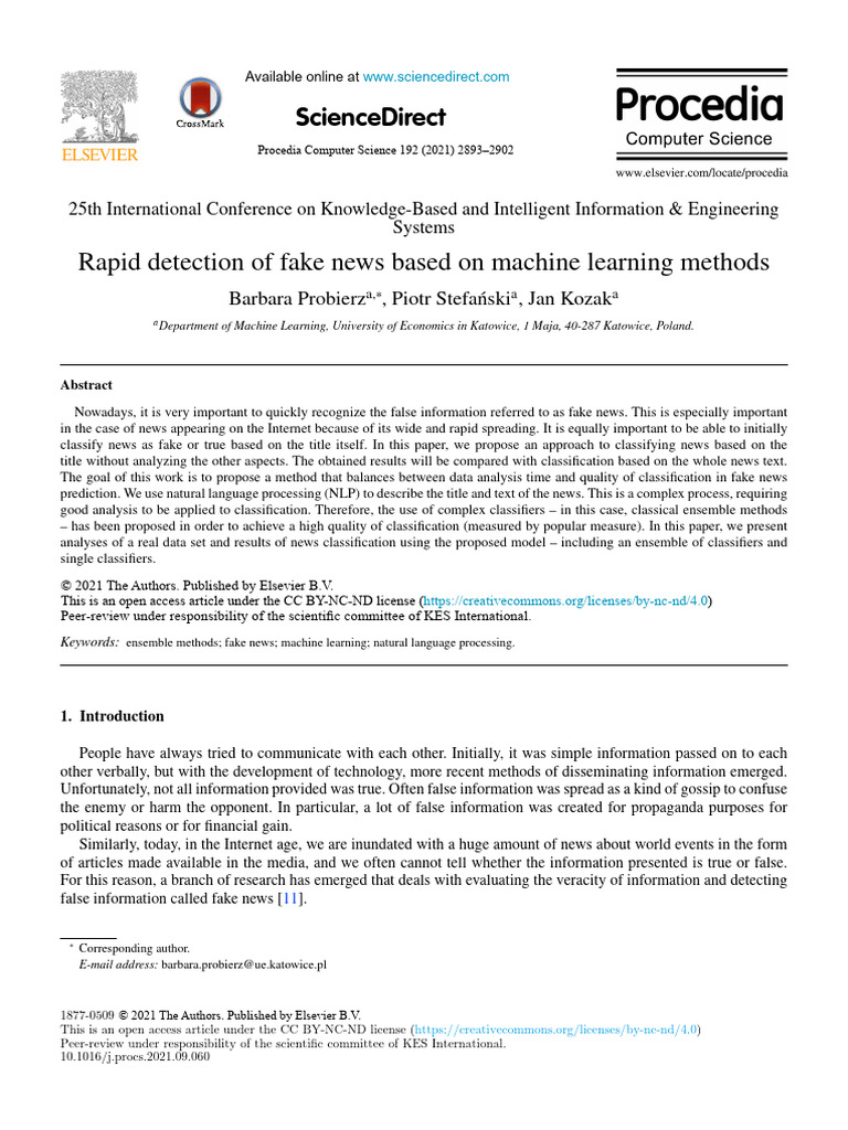 Rapid detection of fake news based on machine learning methods | PDF | Support Vector Machine ...
